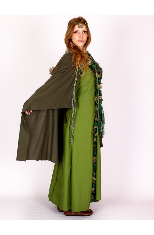 Green medieval cape with sackcloth hood trimmed with recycled rope