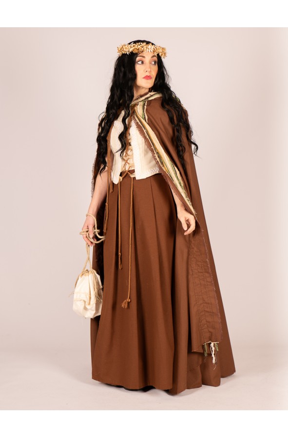 Medieval pleated skirt in earthy brown with side cord fastening
