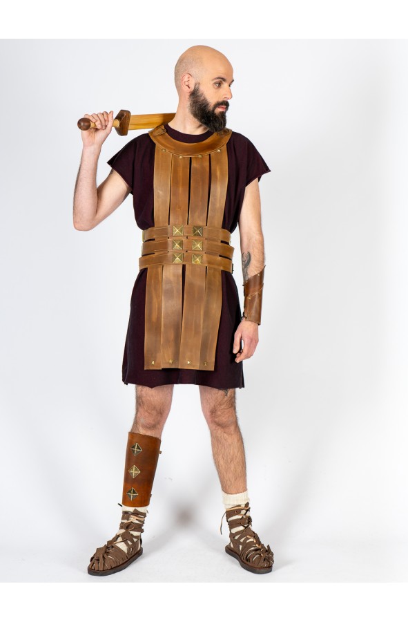 Roman Gladiator Armor in Brown Leather with Single Greave and Bracer