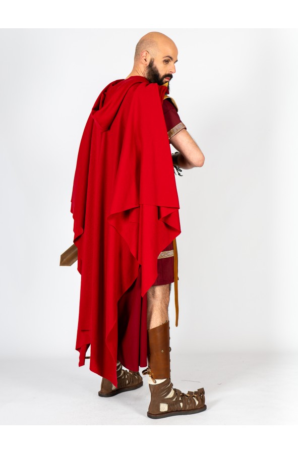 Roman red cloak with golden eagle clasp and leather or Roman paenula