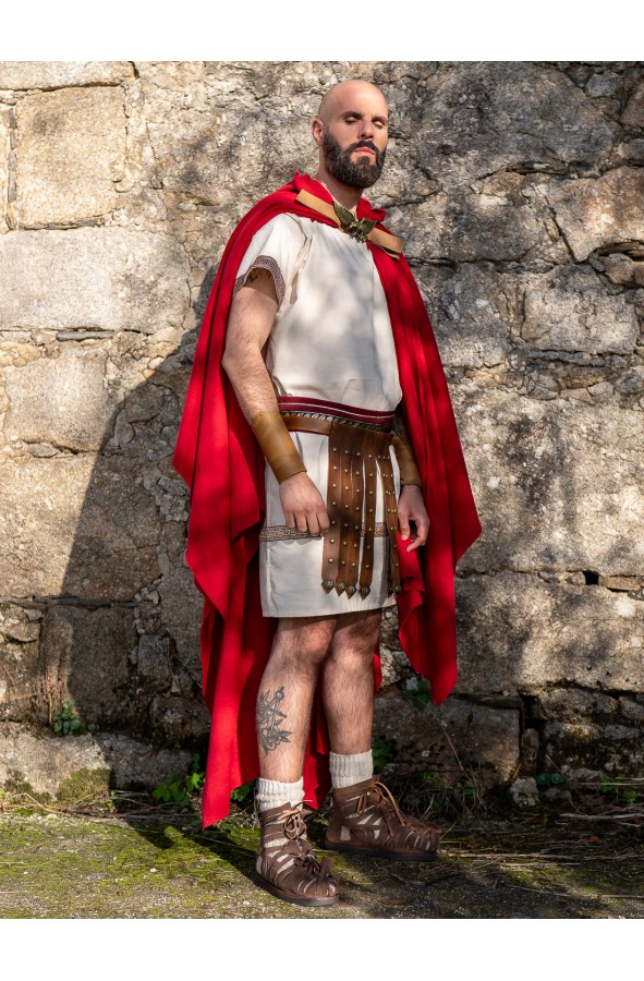 Roman red cloak with golden eagle clasp and leather or Roman paenula